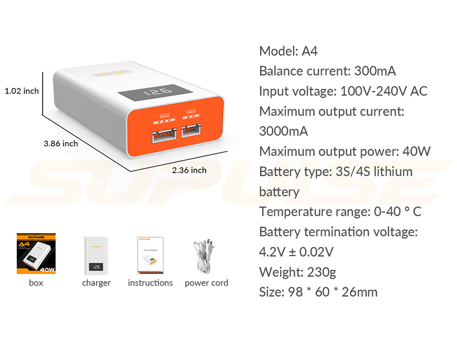 SUPULSE A4 Lipo Charger-Quick Charge 3S-4S AC110-240V